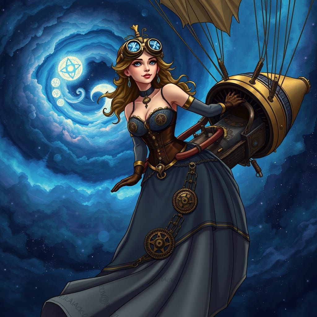 Steampunk Princess Soars Through Cosmic Nebula - AI Art