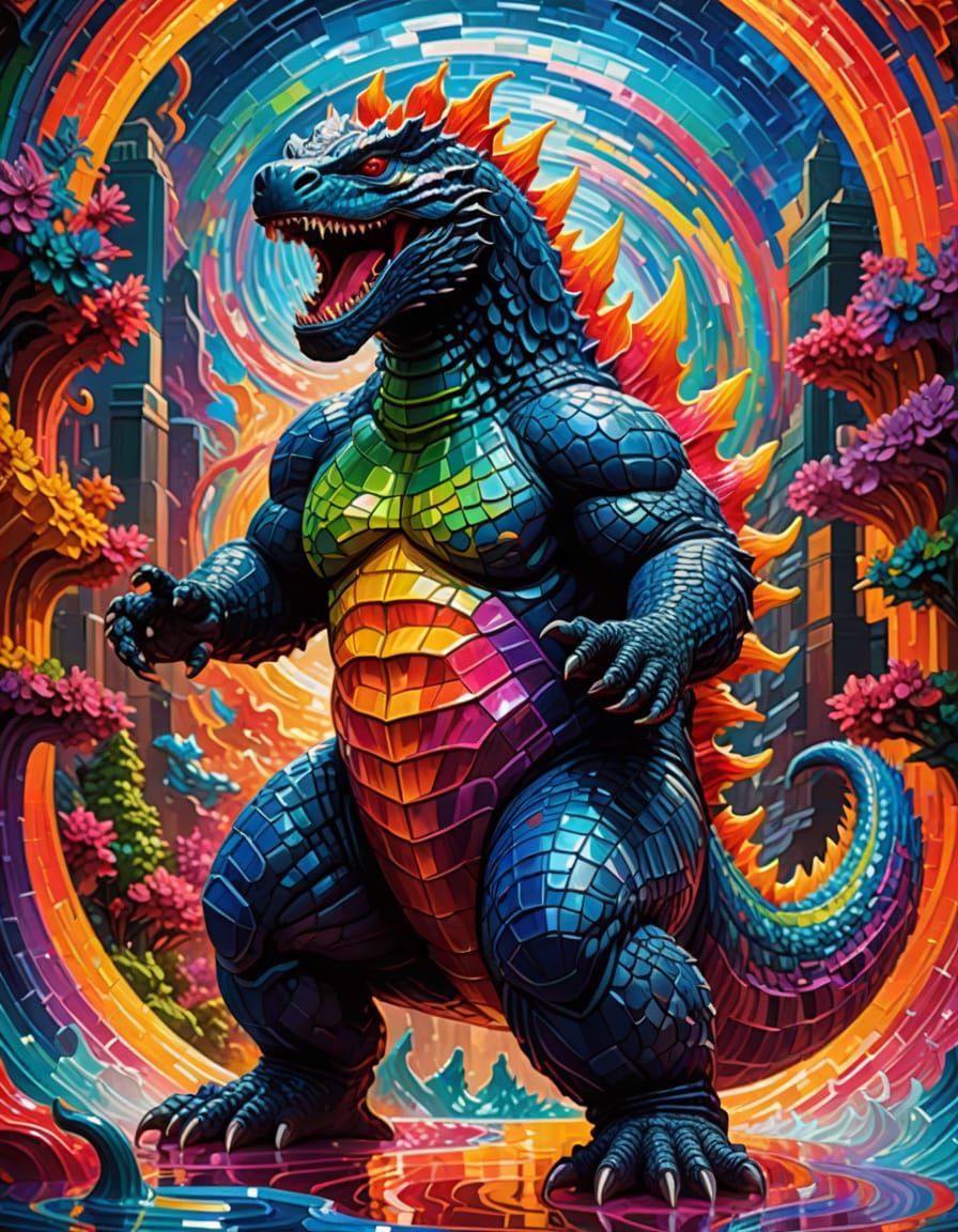A vividly colored joyful godzilla reflected infinitely within a maze of ...