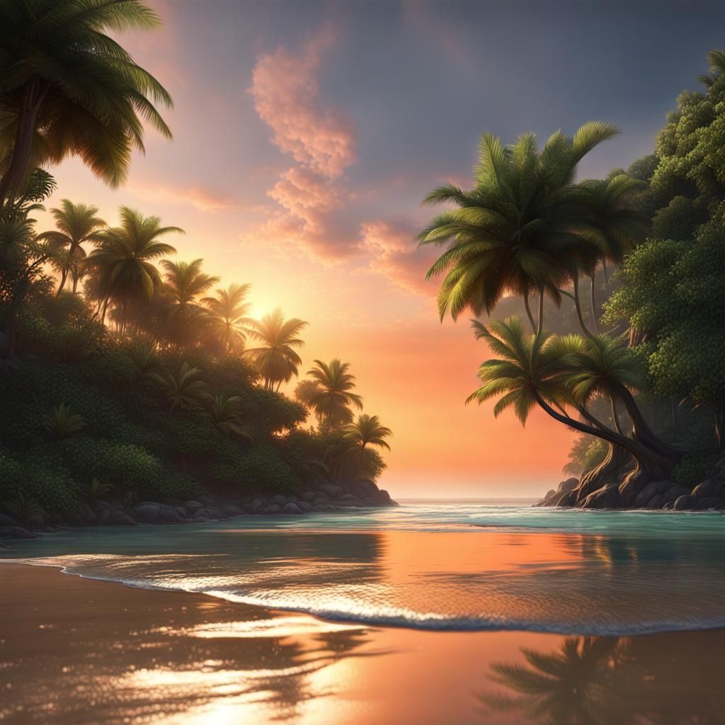 A peaceful jungle right next to the beach shoreline, peaceful waves and ...