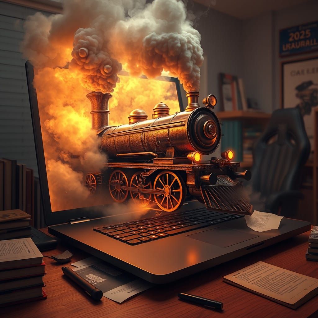 "Create a highly realistic image of an antique steam locomotive ...
