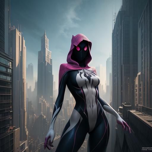 Spider Gwen, with hood and mask, as a colossal giant woman, in a city ...