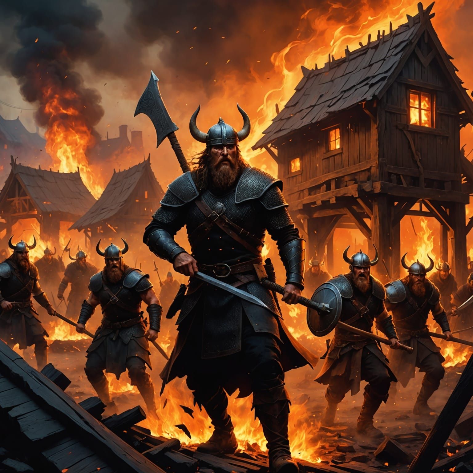 Vikings in mid-raid, aggressive stance, wielding axes and shields ...