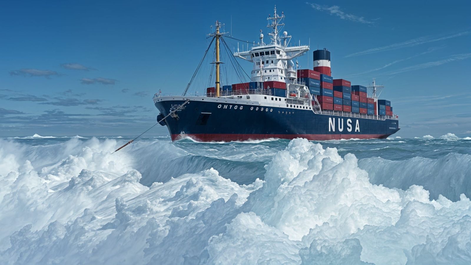 A large transport ship sailing through the North Pacific against rough ...