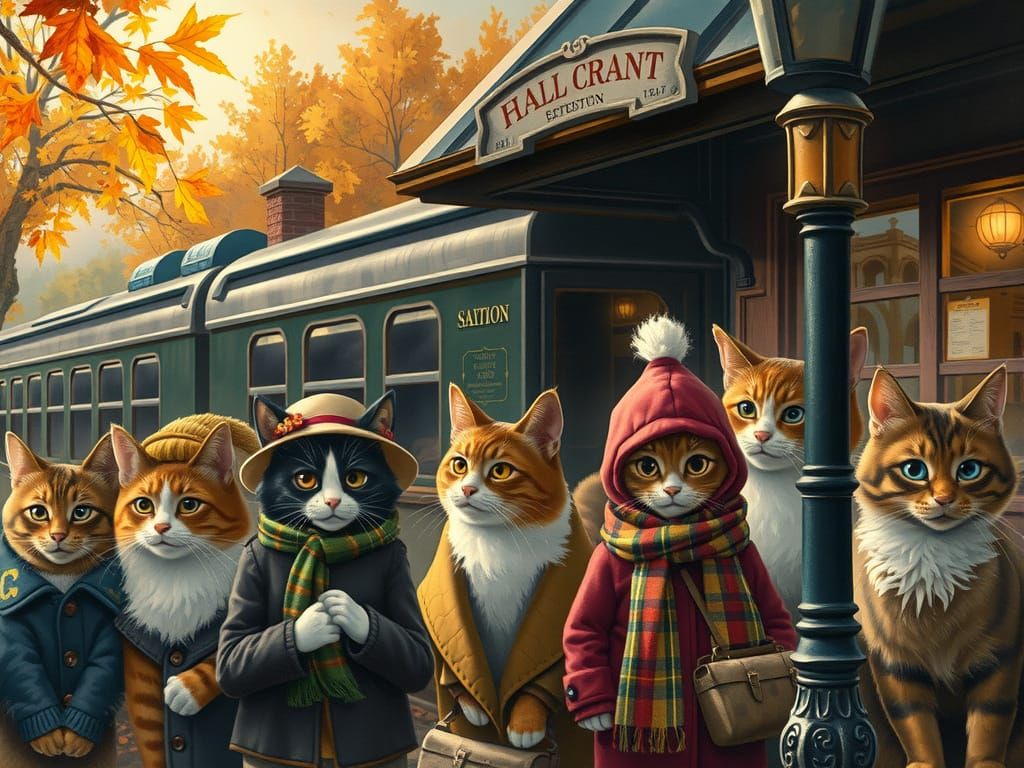 Humanized Cats Gather at Cozy Train Station in Fal... - AI Art