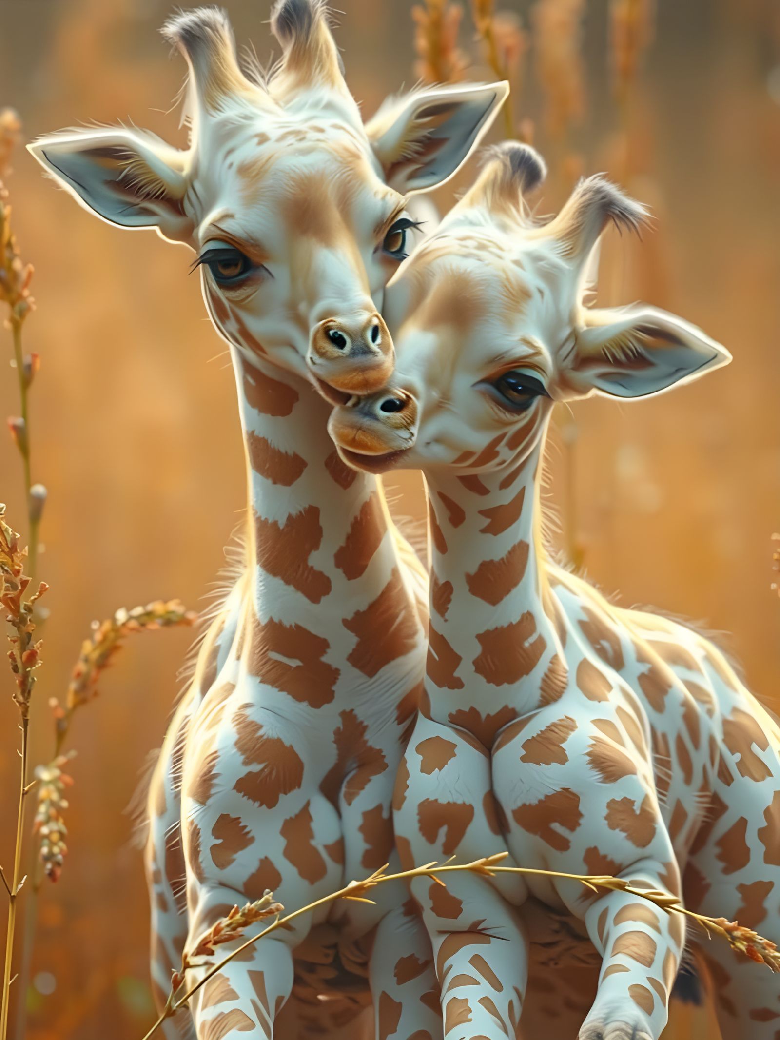 Baby albino giraffes playing - Surreal Oil Painting of Albi...