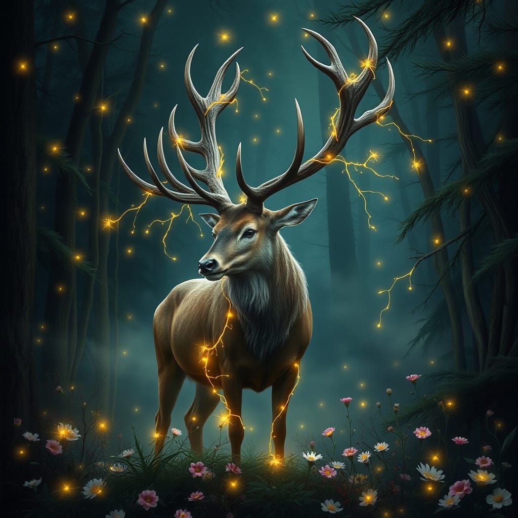 Majestic Horned Stag in Mystical Forest Amidst Eth... - AI Art