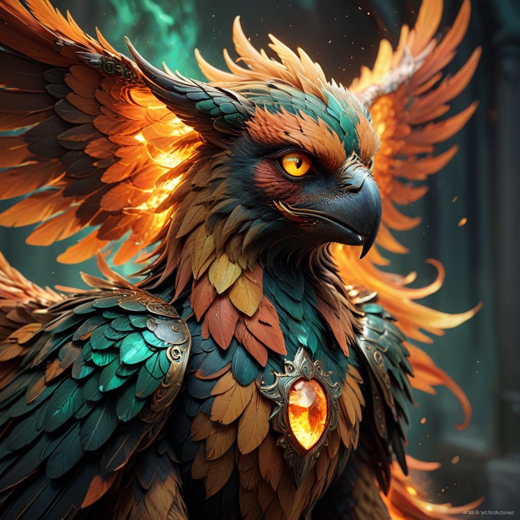 Gryphon fire tipped wings - Surreal Gryphon Portrait in Tria...