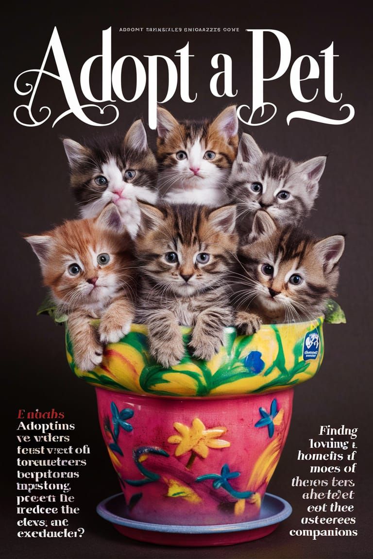 Magazine Cover style image featuring kittens in a flowerpot, fancy font ...