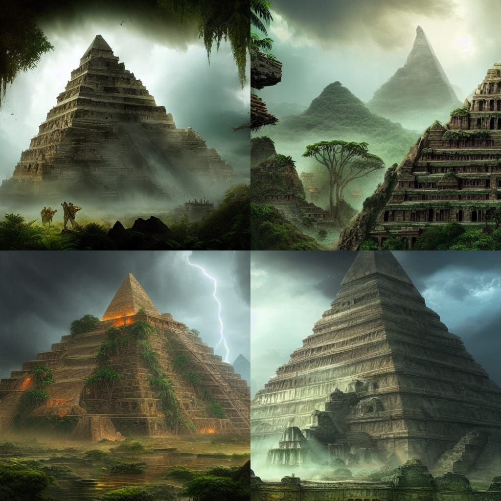 ancient crumbling pyramids, jungle, thunderstorm, lightning ...