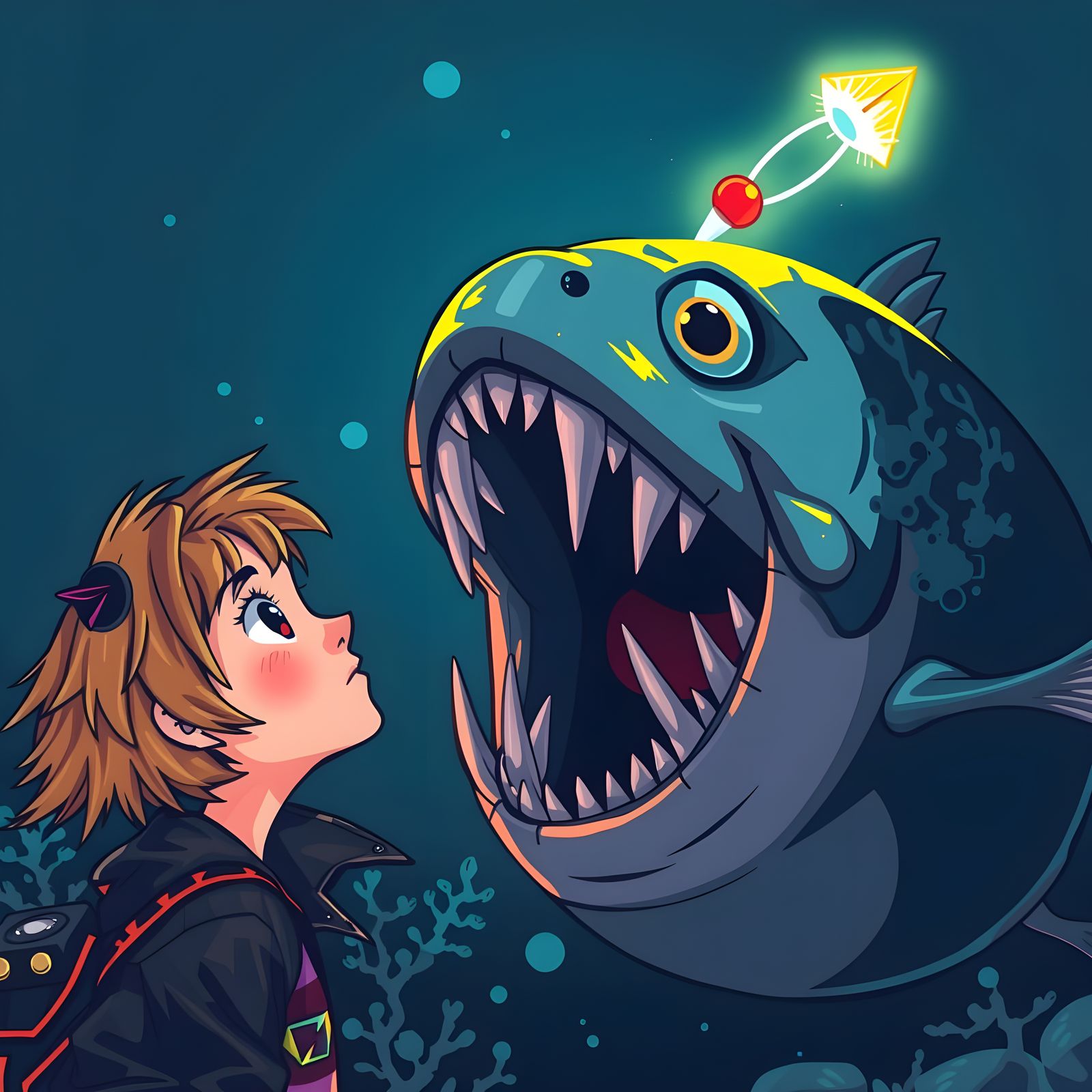 Bekka Under Angler Fish Hypnosis in Retro 8bit Art - AI Art