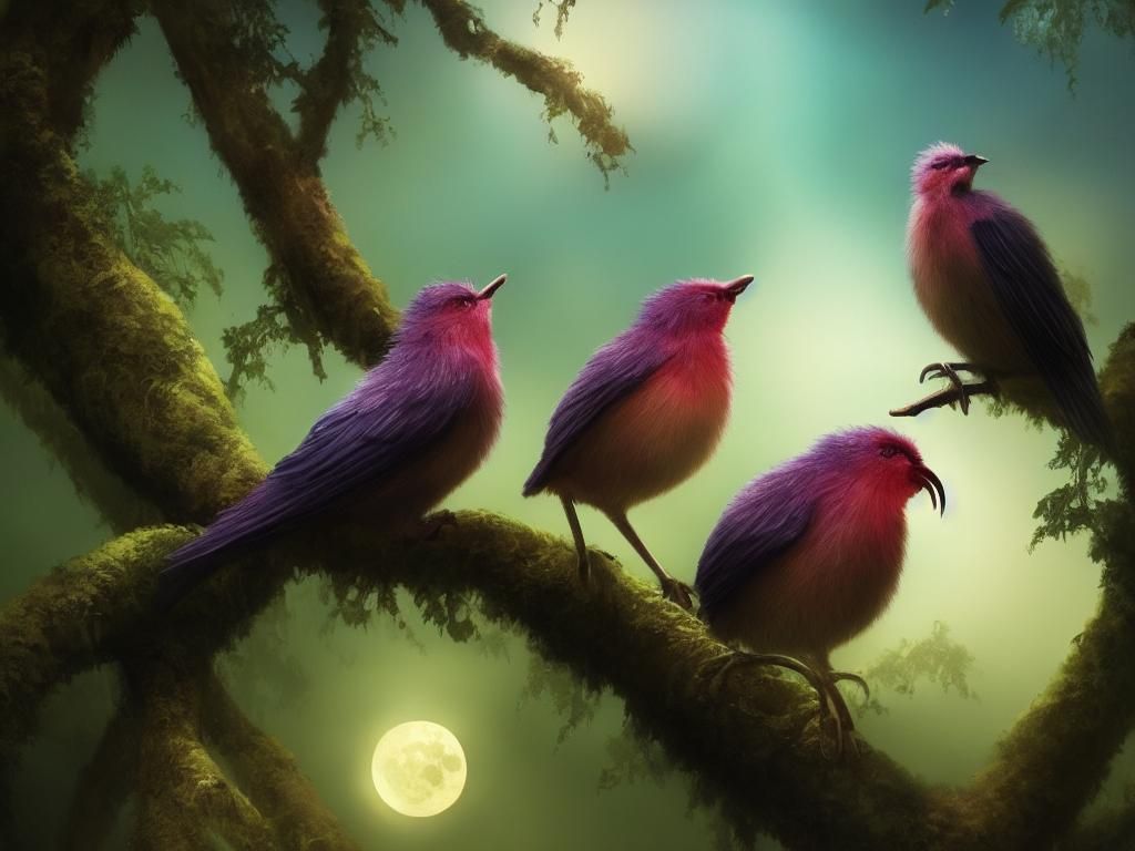 midnight moon night, nocturnal kiwi birds feasting, intricate, at night ...