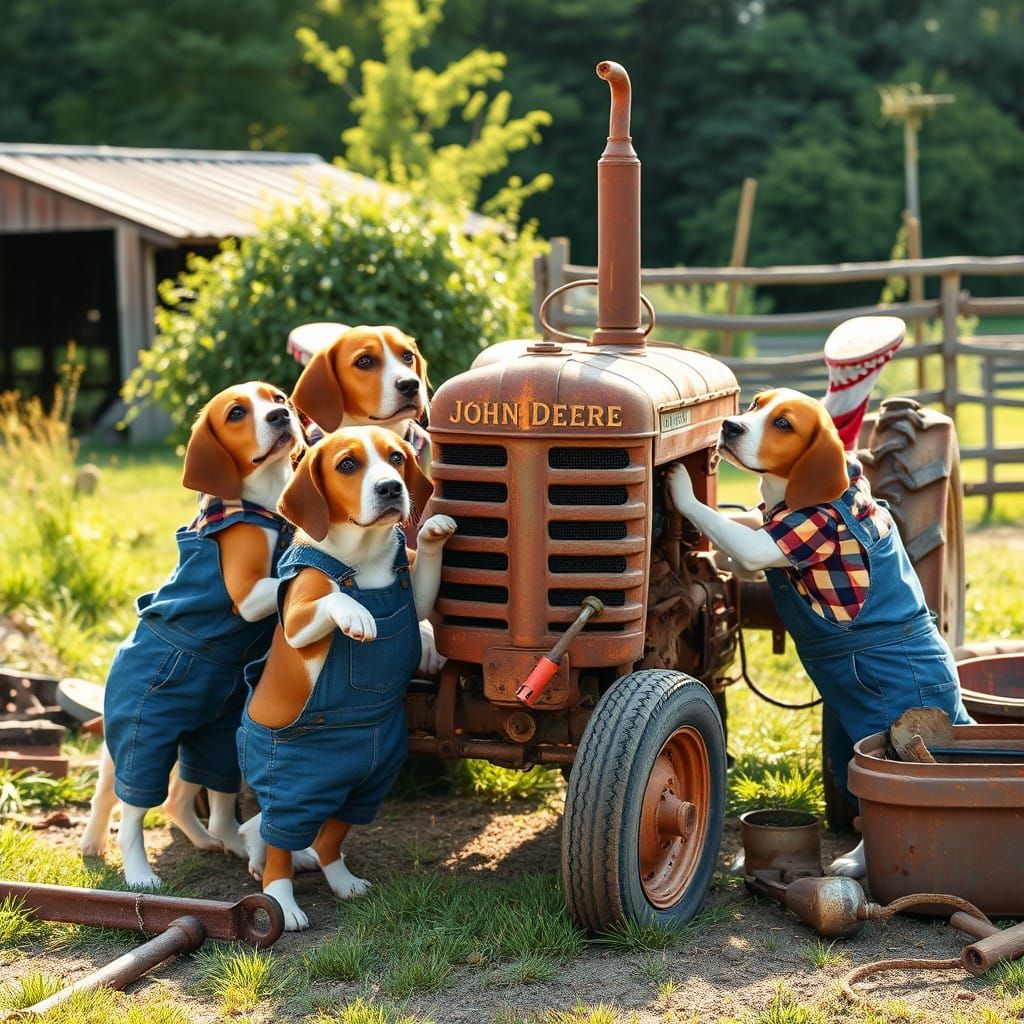 Beagles Repairing Vintage Tractor in Rustic Countr... - AI Art