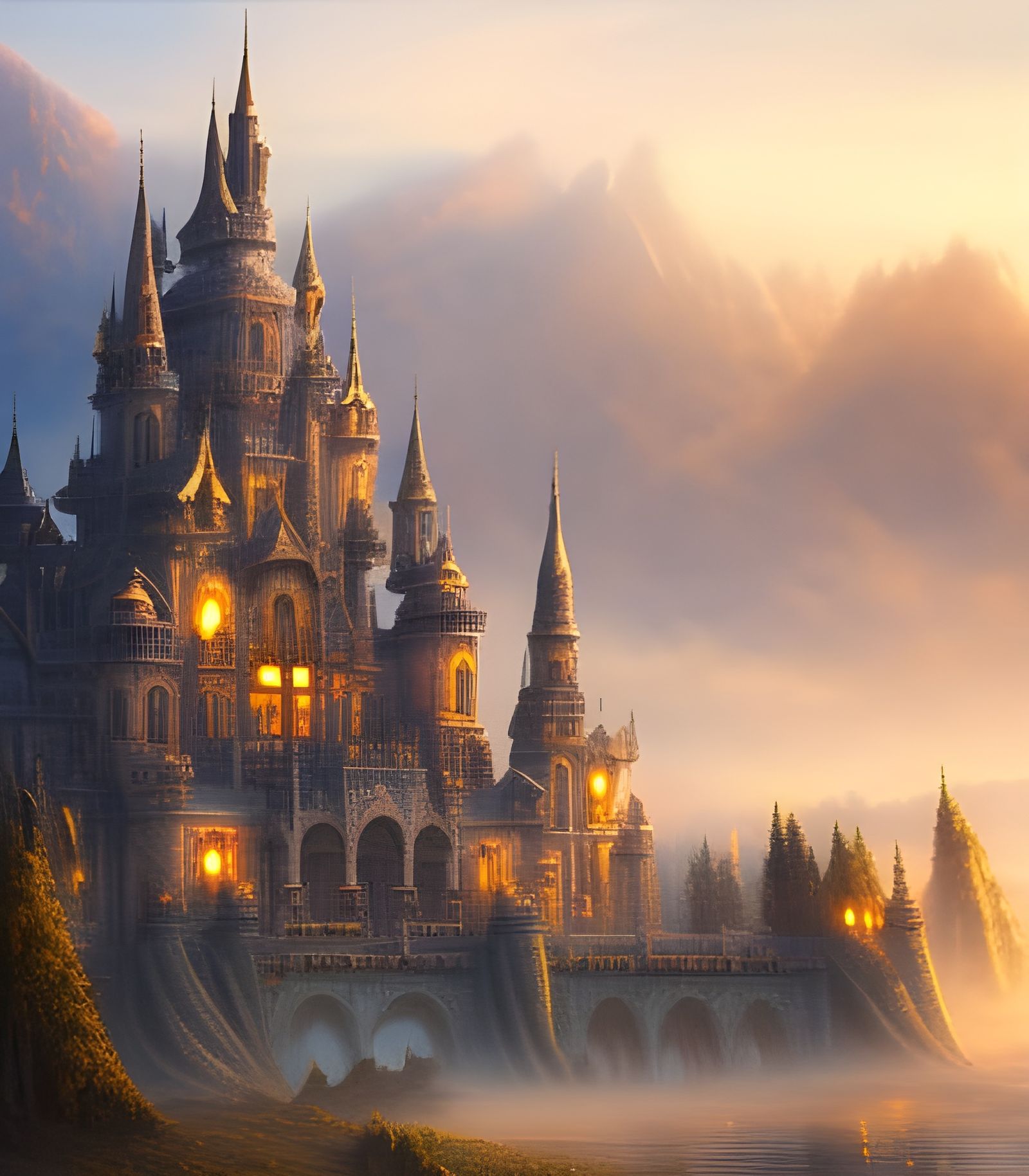 Epic castle in mornings mist as the Sun begins to rise - AI Generated ...