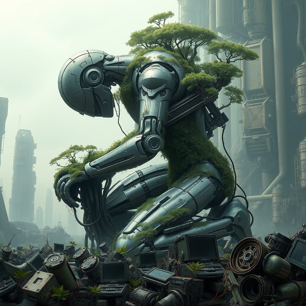 Cyborg Overgrown with Trees in Futuristic Ruins - AI Art