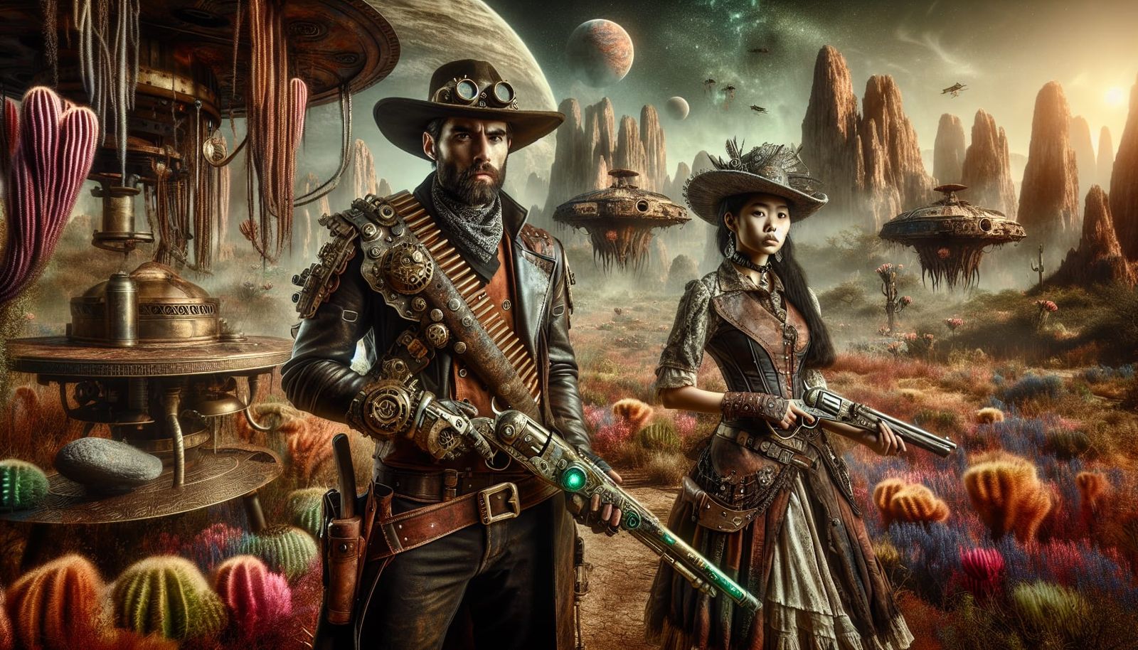 steampunk Gunslinger & Outlaw in alien wild west planet