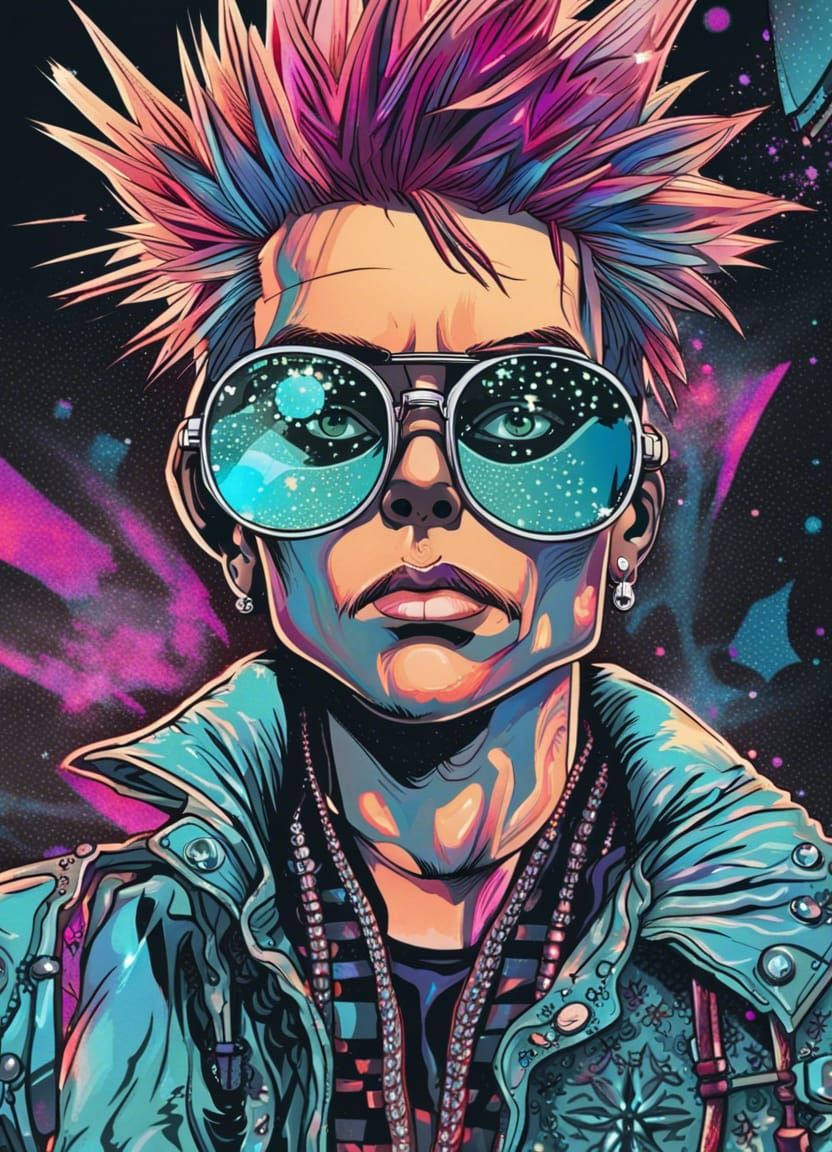 Closeup of punk-rocker wearing funky split color glasses. View trough a ...