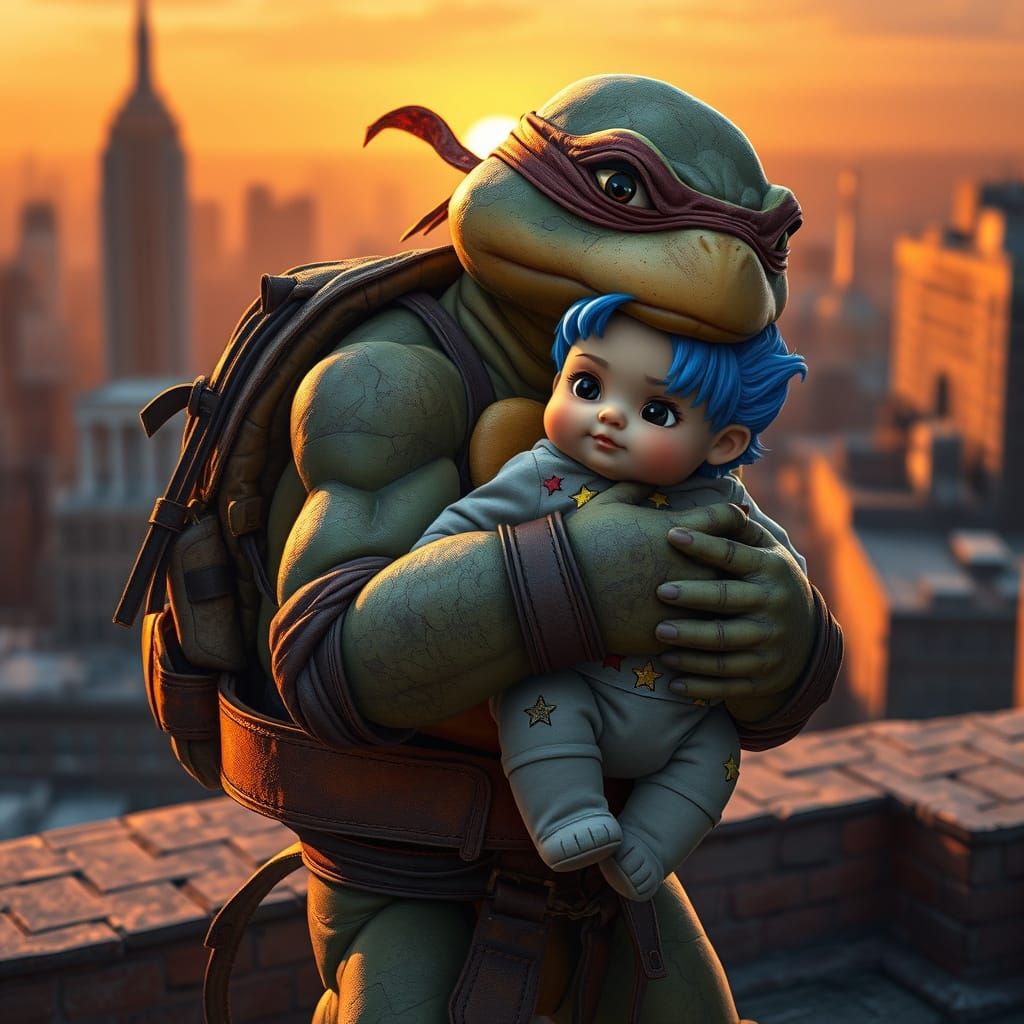 Ninja Turtle Tenderly Holds Blue-Haired Baby on Ro... - AI Art
