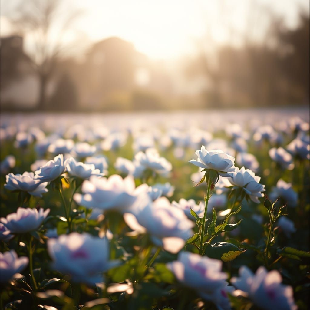 Serene Blue Rose Field Landscape in Soft Focus - AI Art