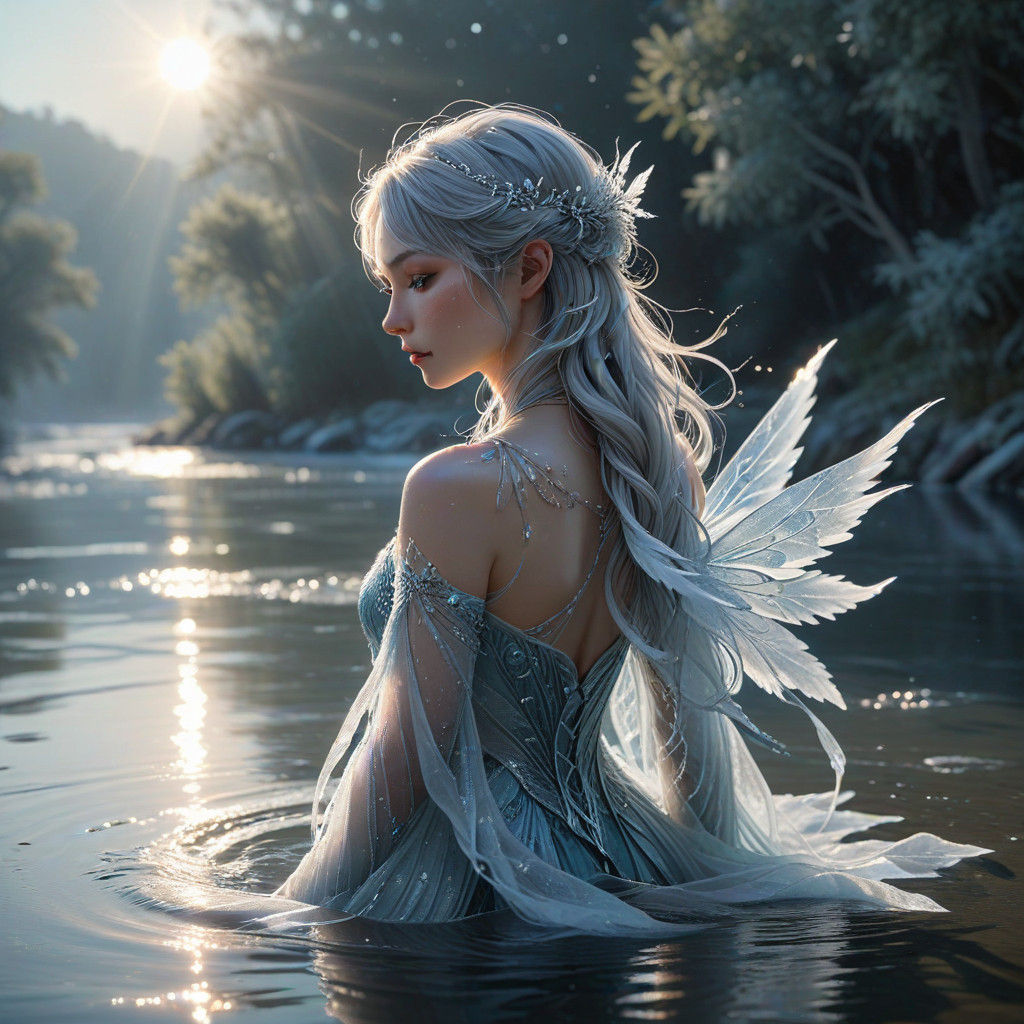 ice fairy in the river - Ethereal Ice Fairy on River's Edge
