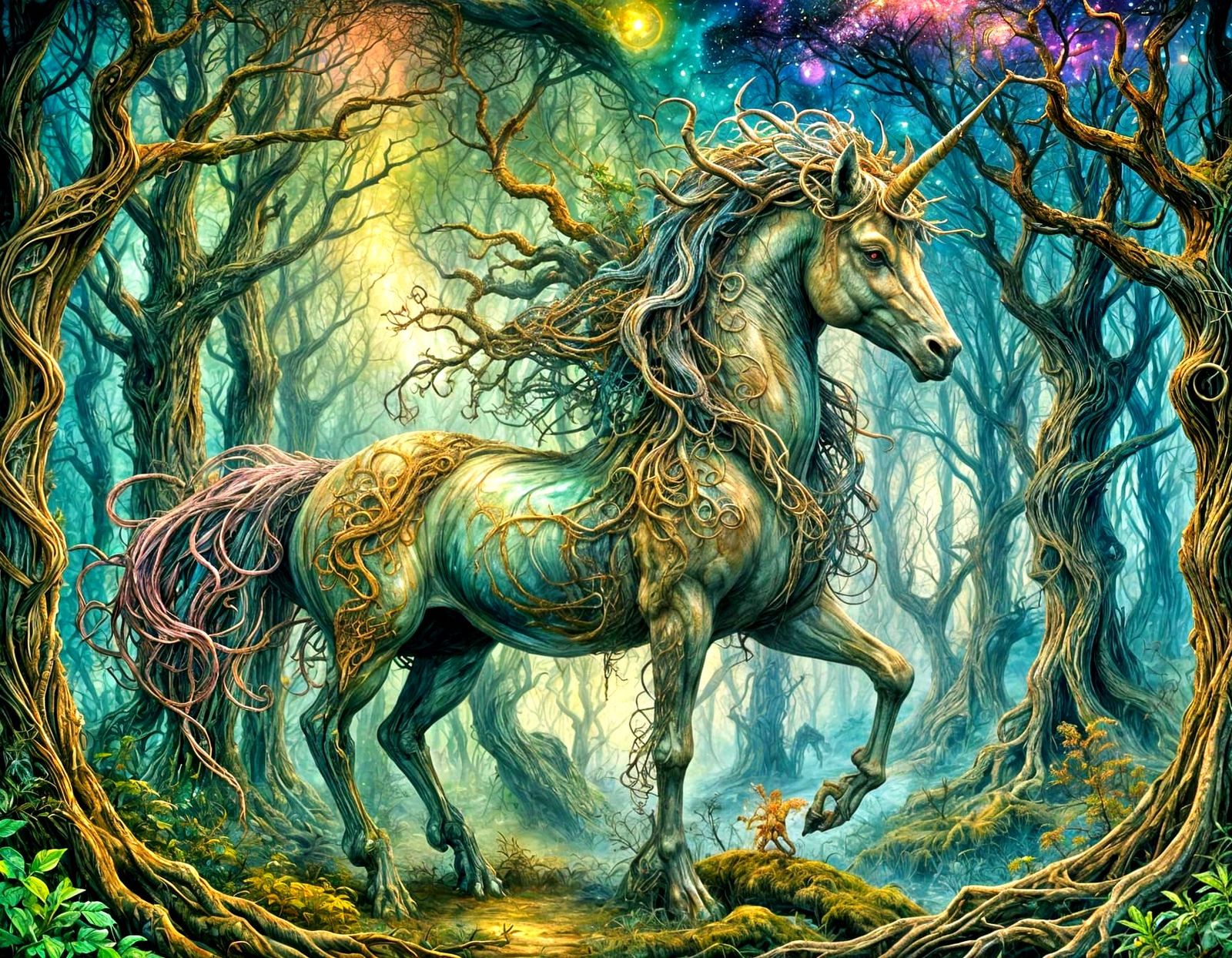 Ethereal Unicorn in Cosmic Forest, a Blend of Fant... - AI Art