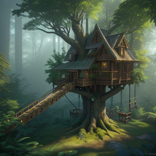 A multi-level treehouse village with ladders, swings, and secret rooms