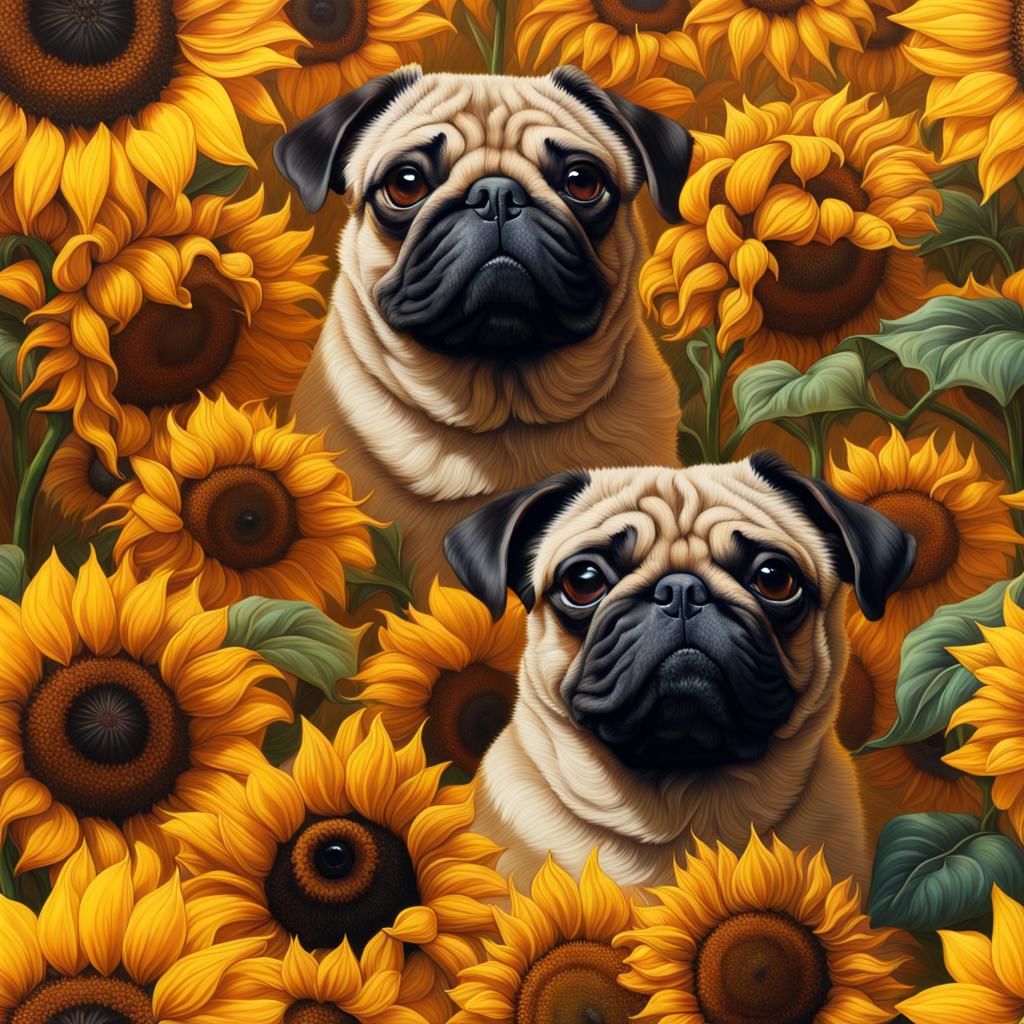 Sunflower Power Pugs - AI Generated Artwork - NightCafe Creator