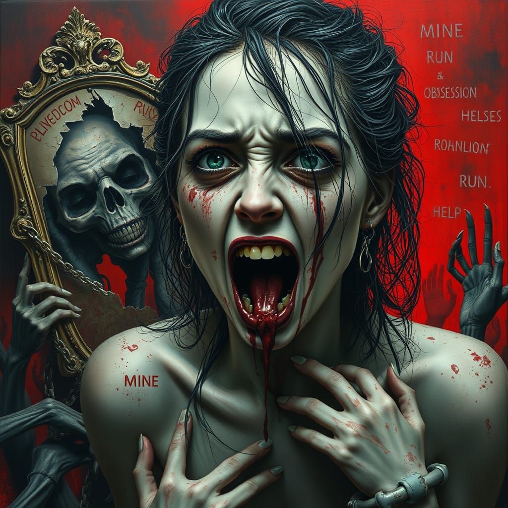 A nightmarish, deeply unsettling art. The central figure is a young ...