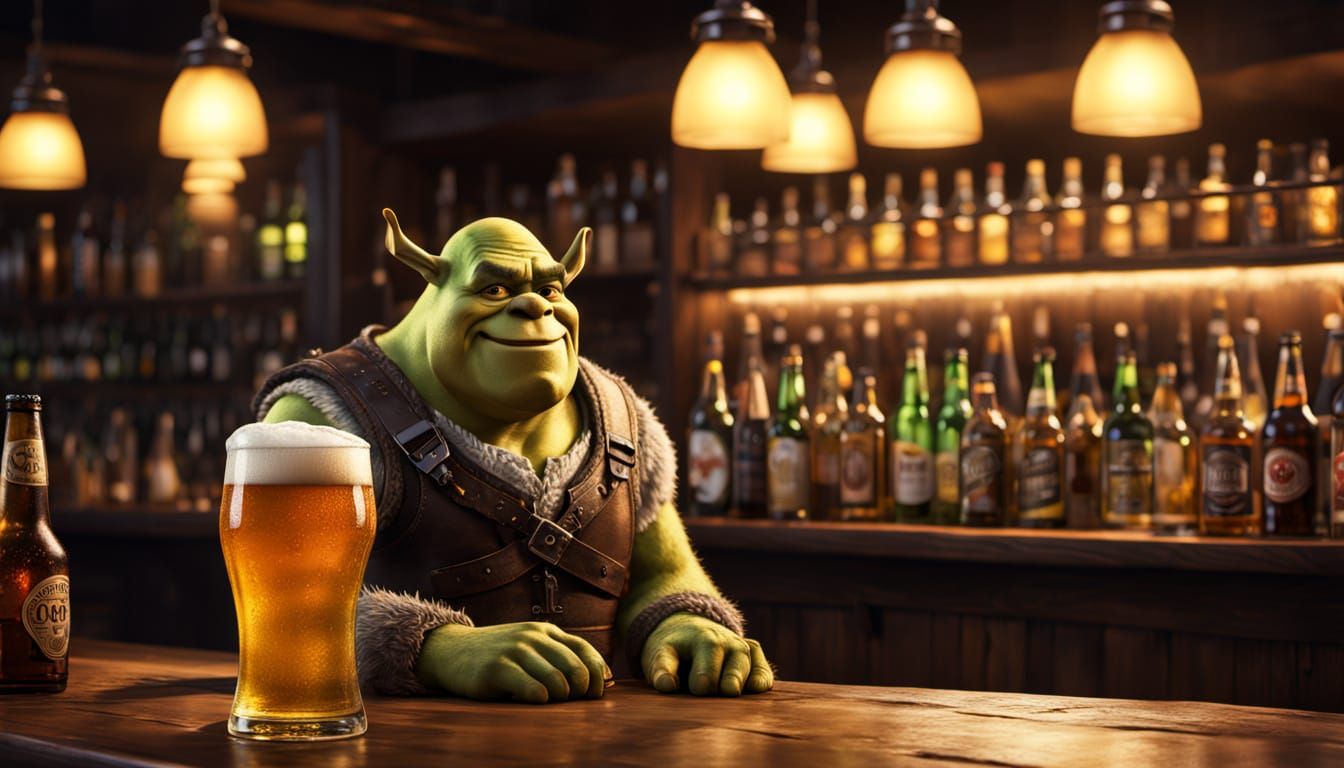 Shrek in the bar - Shrek in a Modern Bar, a Vivid Photoreal...