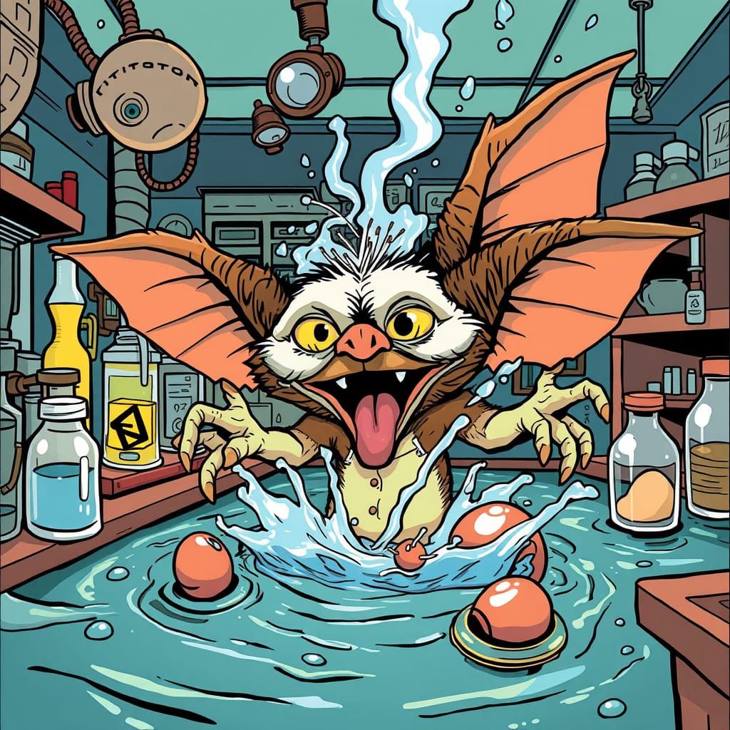 Photo. Stitch mogwais gremlins gizmo laboratoire eau transformation ...