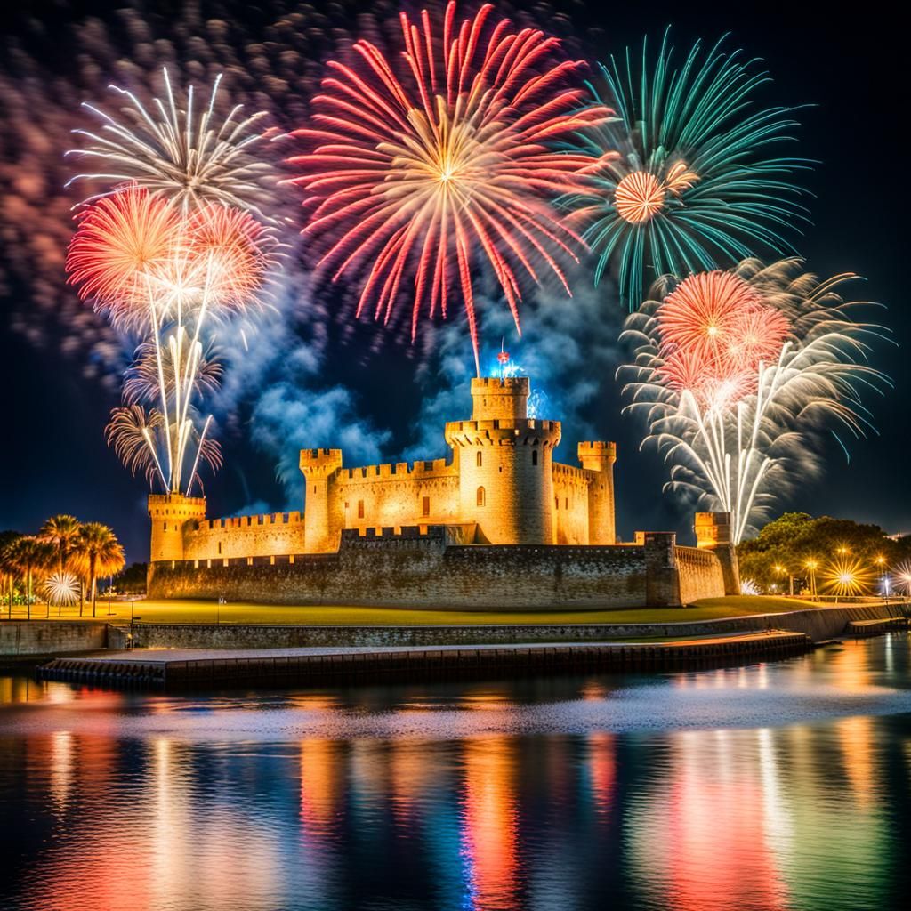 fireworks over the Castillo de San Marcos in St. Augustine, Fl., bright ...