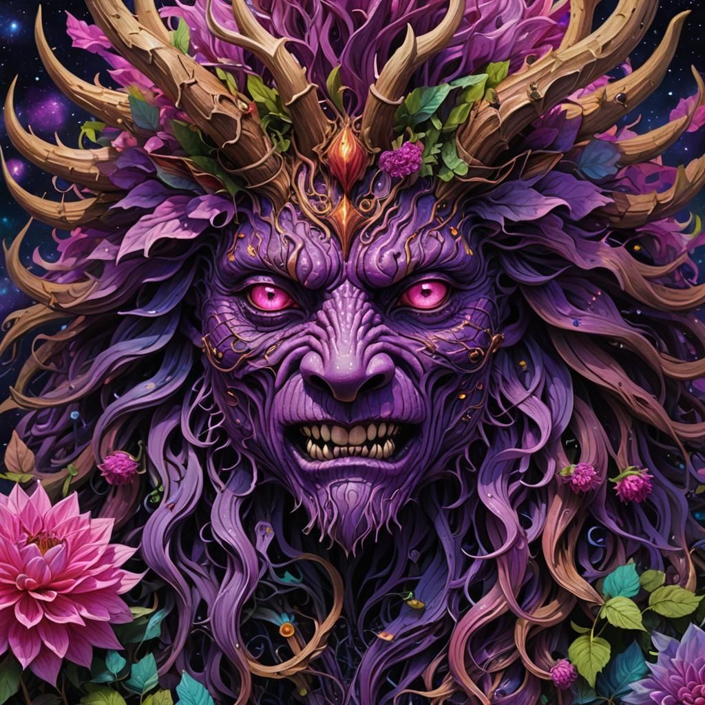 (Hyper detailed psychedelic close up 2/3 face angle with lots of ...