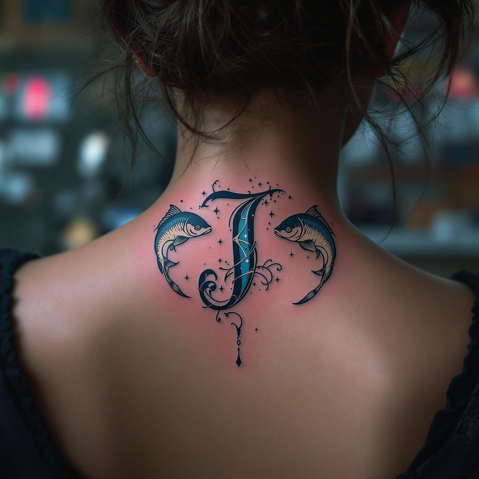 Ethereal Tattoo of Letter 'J' with Delicate Pisces... - AI Art