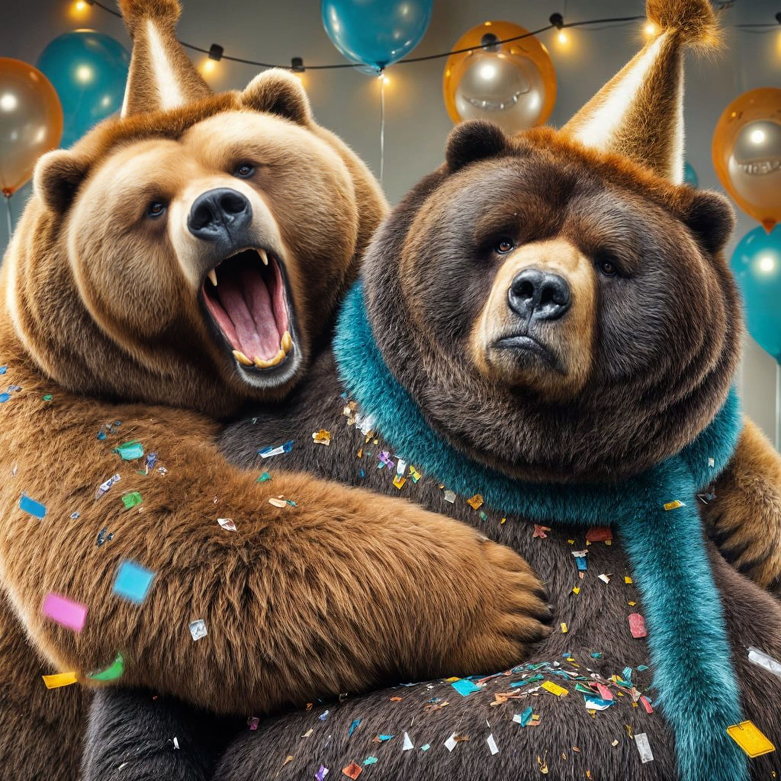 Festive Bears Share a Hug at New Year's Party - AI Art