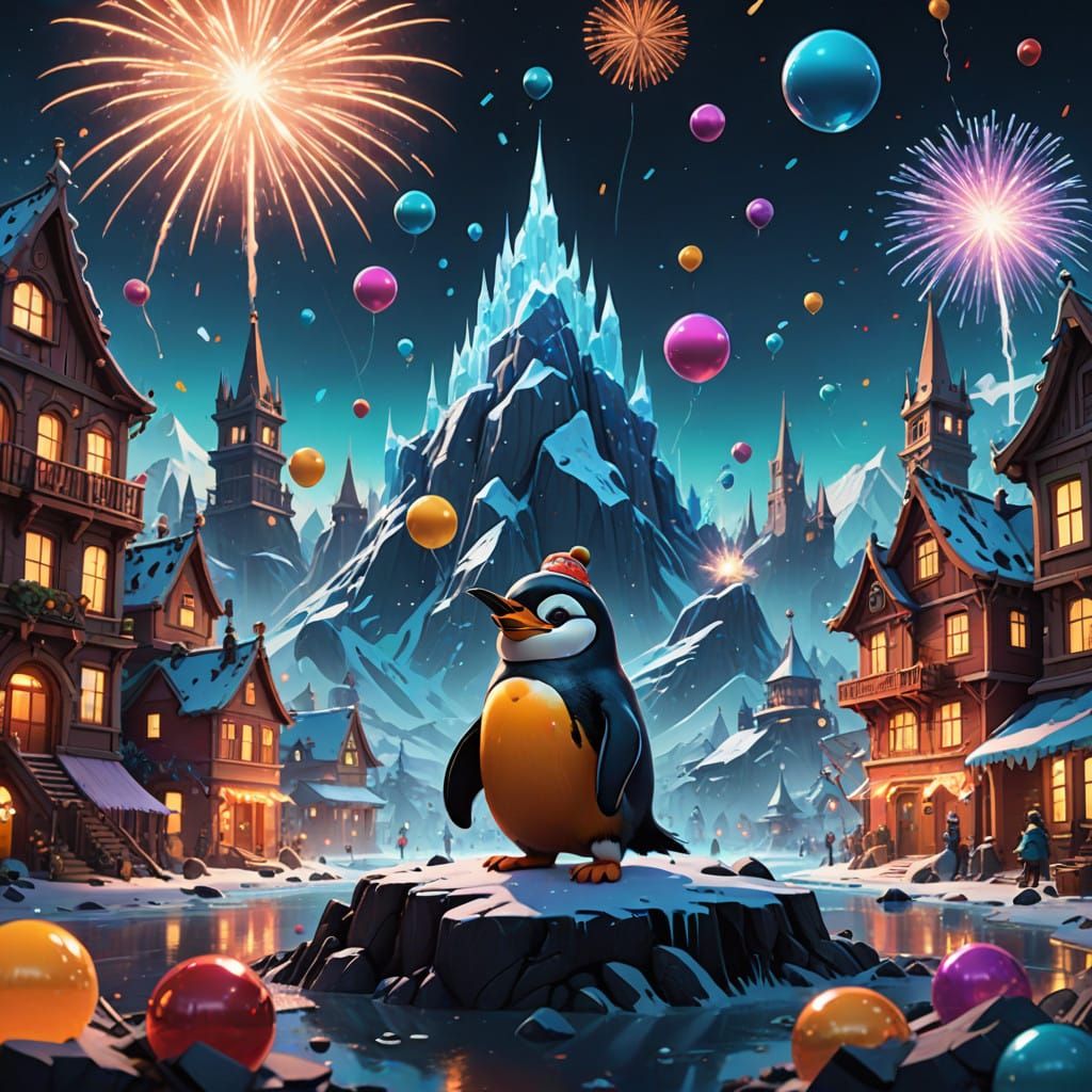 Chibi Penguins Celebrate New Year's Eve in Vibrant... - AI Art