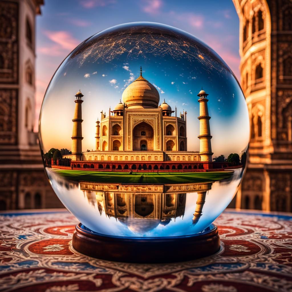 "a indian Taj mahal inside a crystal ball, hypermaximalist ...