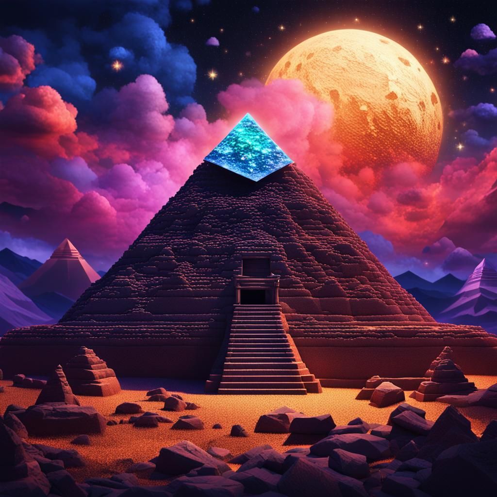 pyramid under the night sky, magical, Dark Academia, diorama, close-up ...