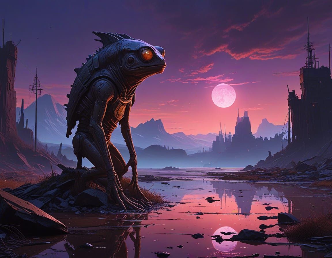 Vigilant Bipedal Amphibian Fish Alien in a Stormy ... - AI Art