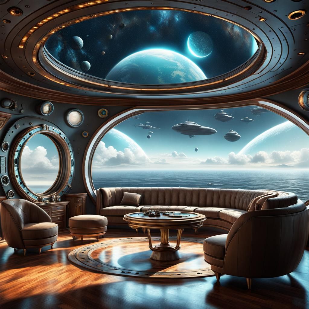 Interior of a spaceship/comfortable living room with portholes ...