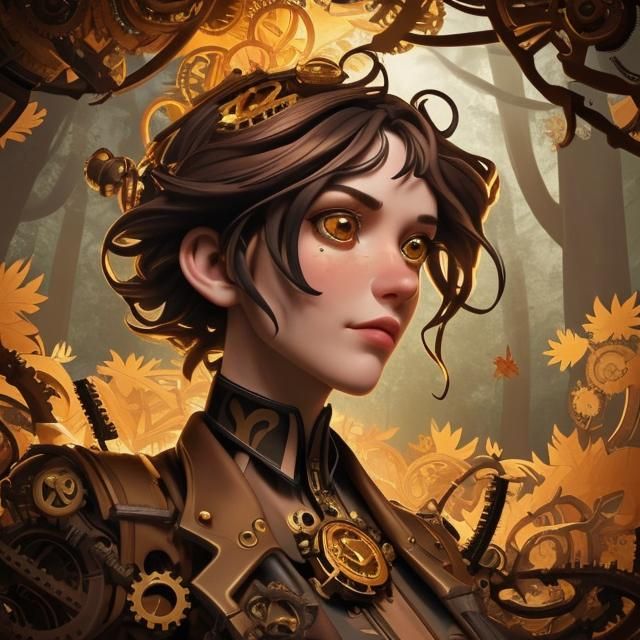 Clockwork Canopy: A dense forest where the leaves and branches are made of interlocking gears ...