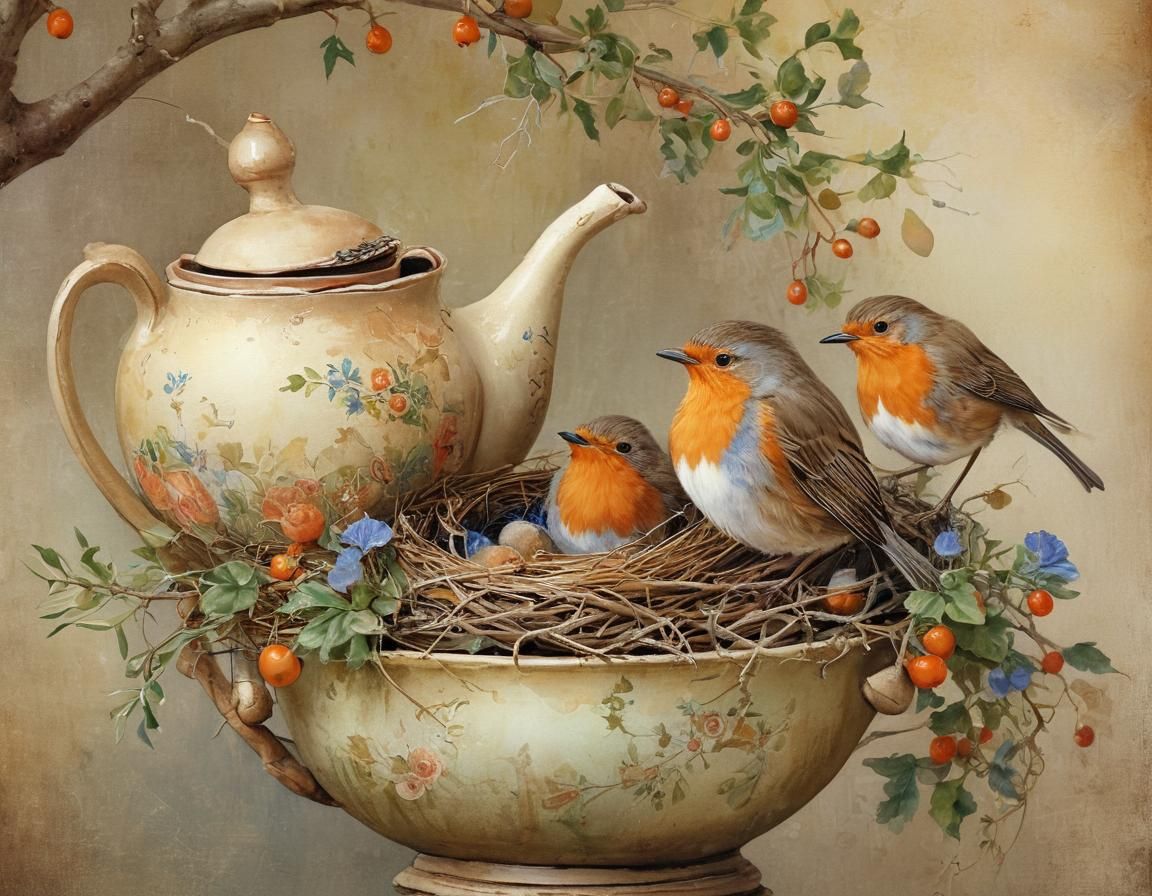 Whimsical Robin Feeds Young in Vintage Teapot Nest... - AI Art