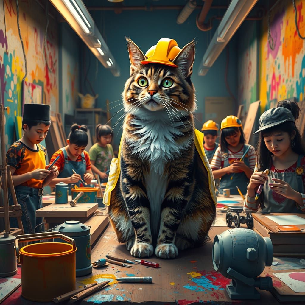 "An engaging scene where a cat, representing the club's spirit ...