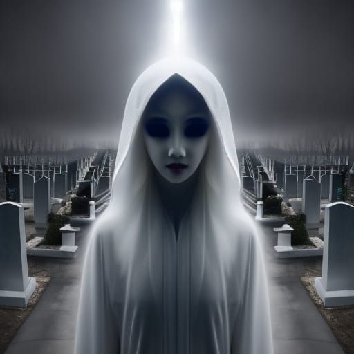 ghost-girl full form angle, no face, no hands, covered in white robe ...