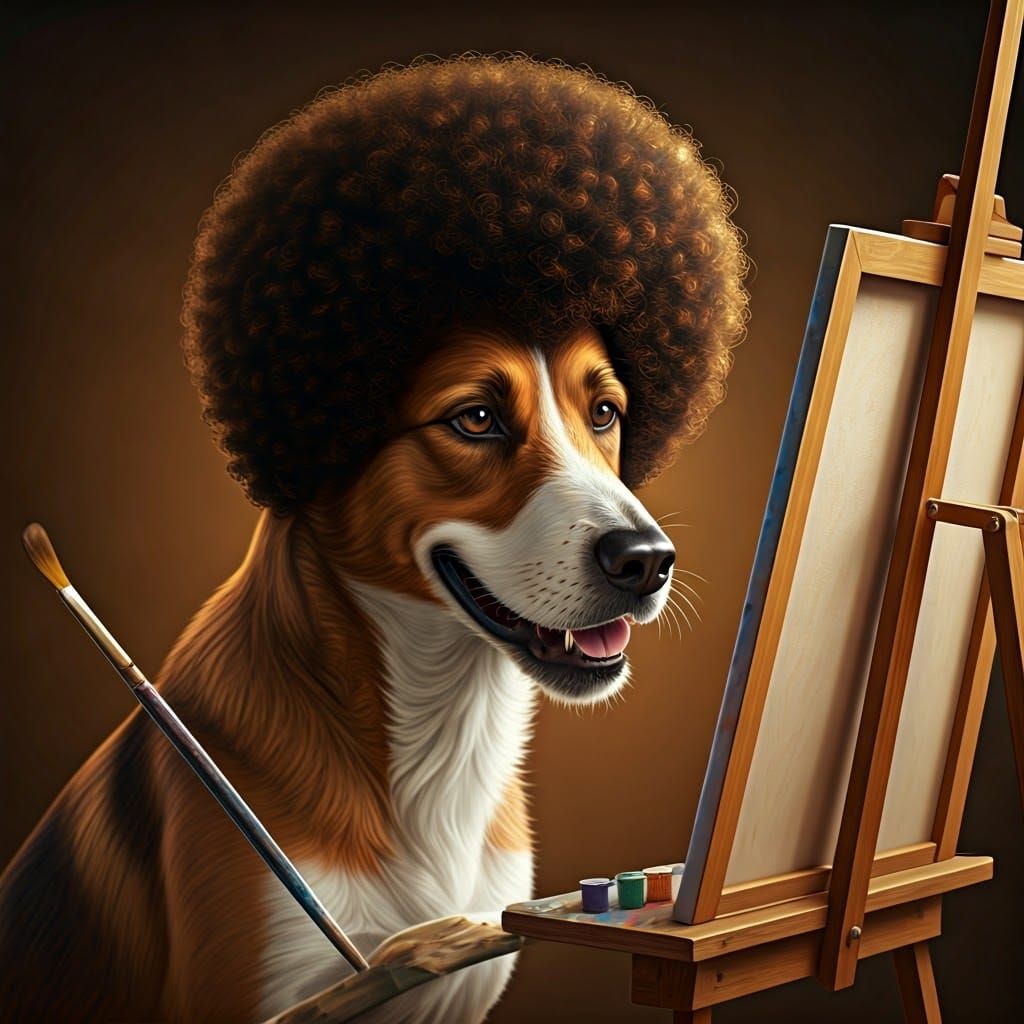 Bob Ross-Inspired Dog Artist at Work - AI Art