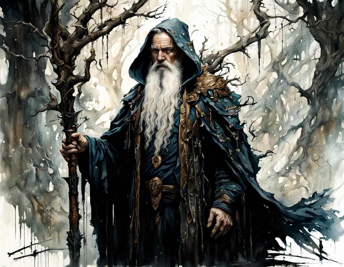Portrait of a great mage with is stick in fangorn:full body, Black ink ...