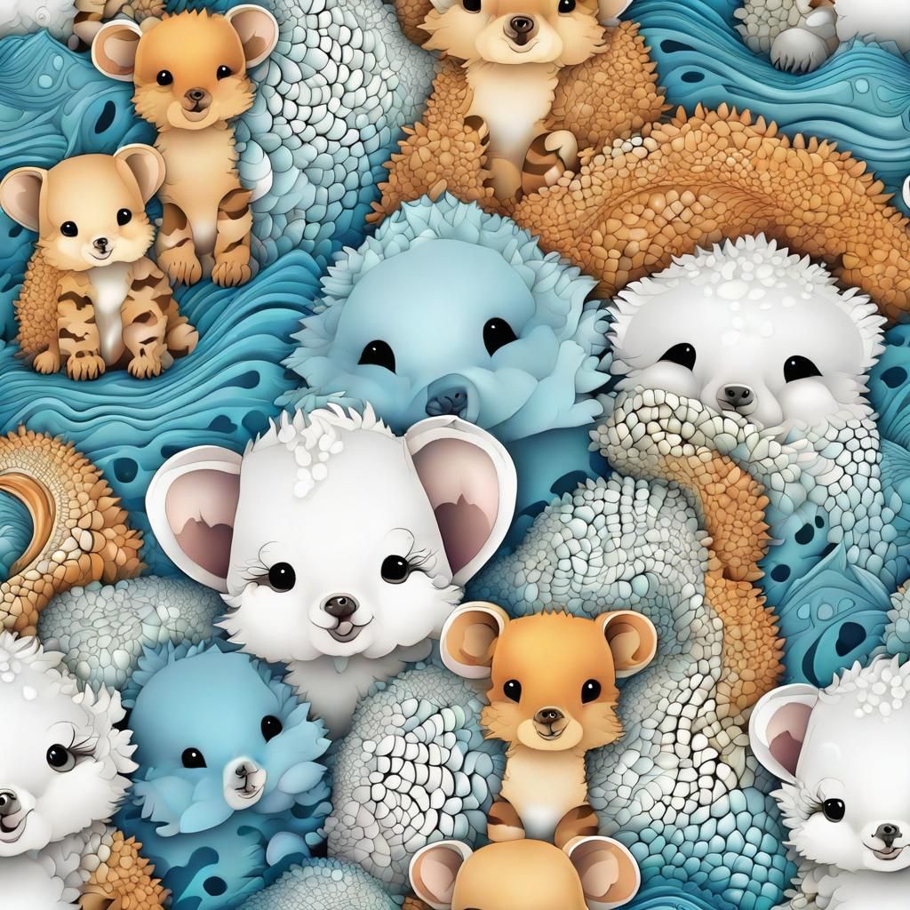 cute baby animals pattern, abstract vector fractal, wave function ...