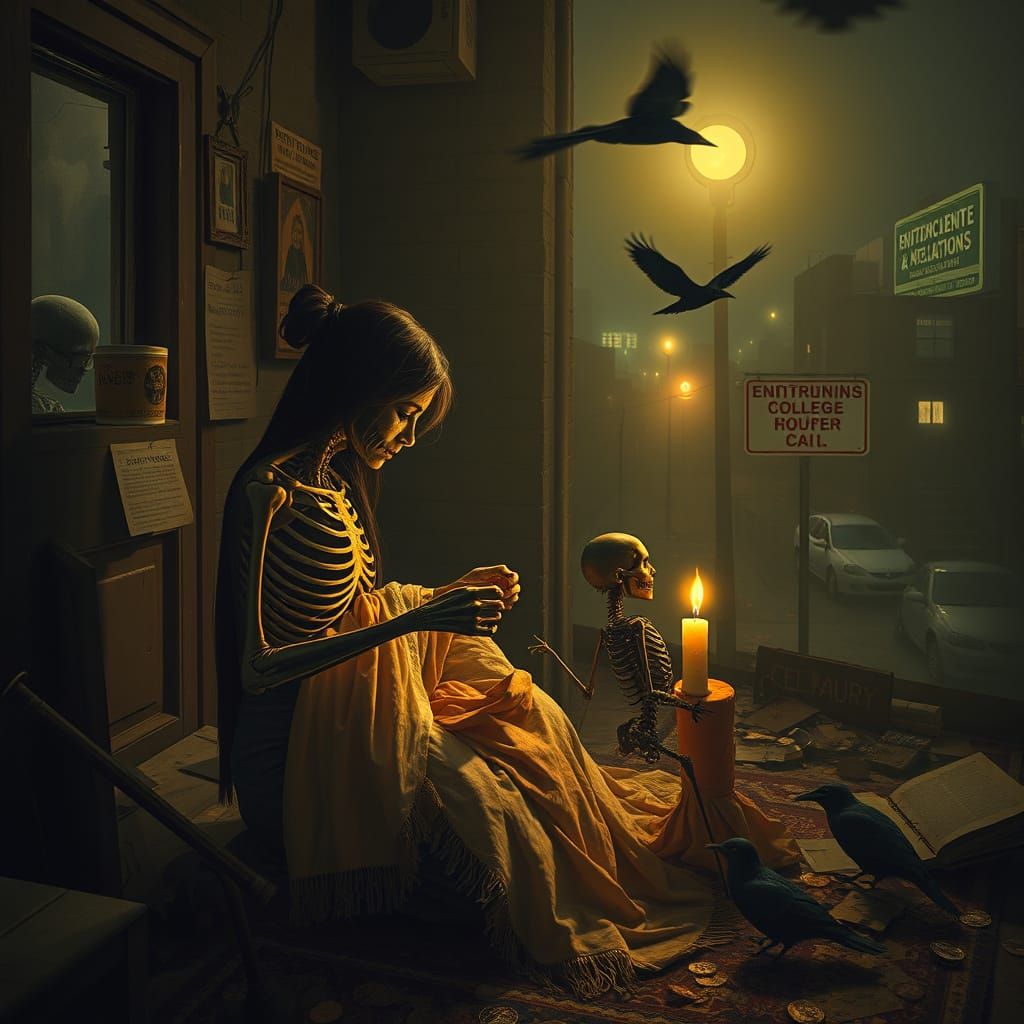 A gaunt mother kneels in a decaying tenement, her skeletal hands ...