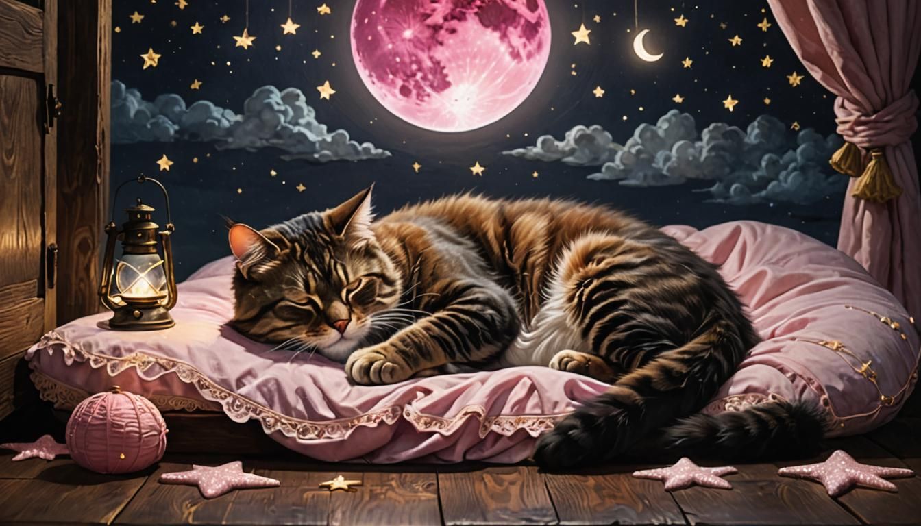 Sleeping cat lying on a cushion on a wooden floor, in a starry moonlit ...