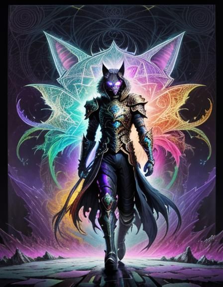 (Hyper detailed creepy demon cat with imaginative armor in psychedelic ...