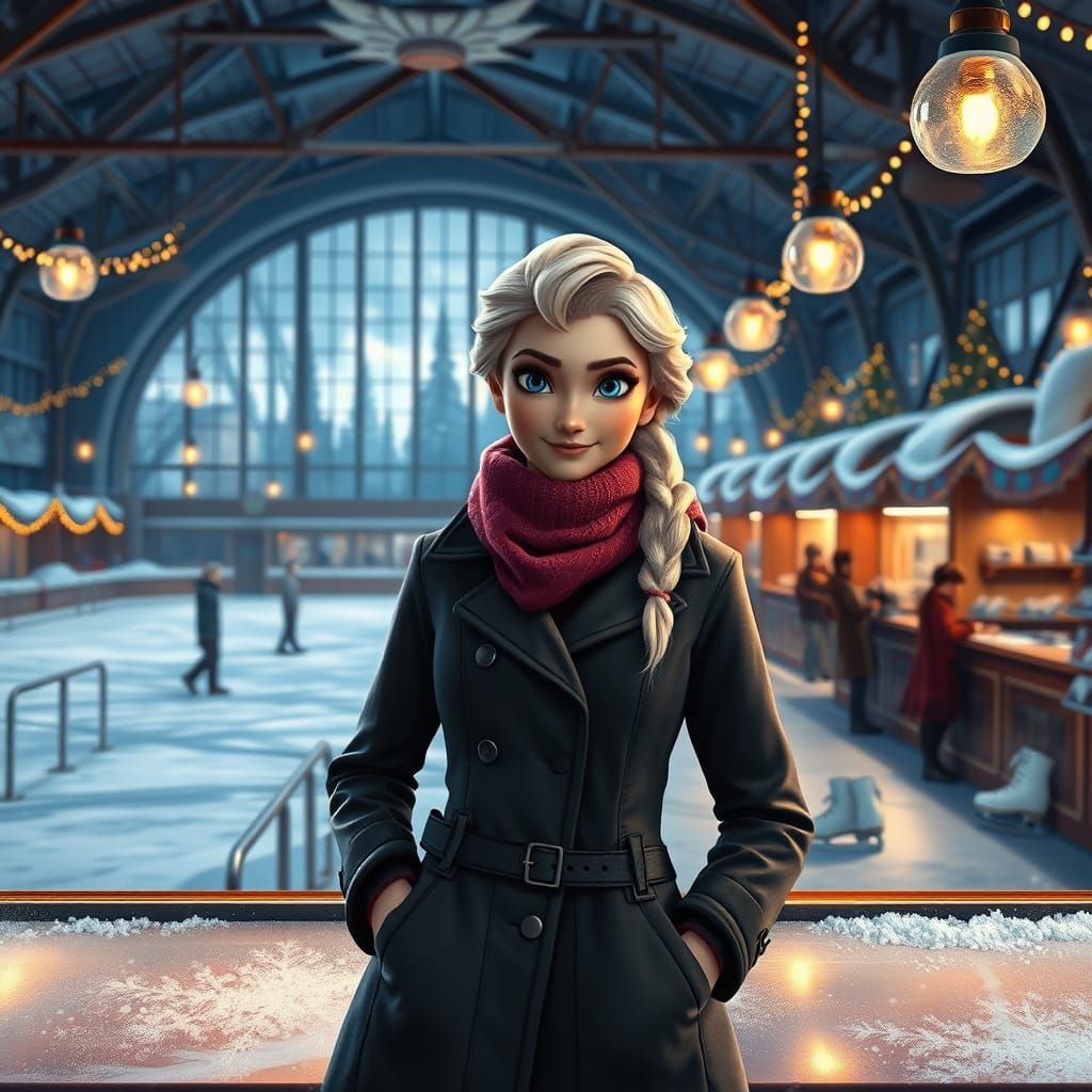 Elsa Behind the Counter of a Vibrant Ice Rink Skat... - AI Art