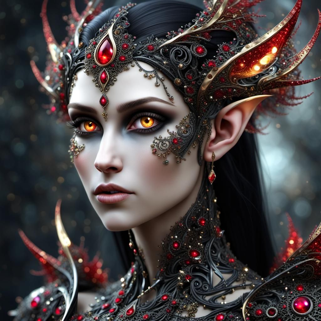 Prompt: unique, amazing fractal, beautiful crimson eyed Elf, she is made of soft black ...
